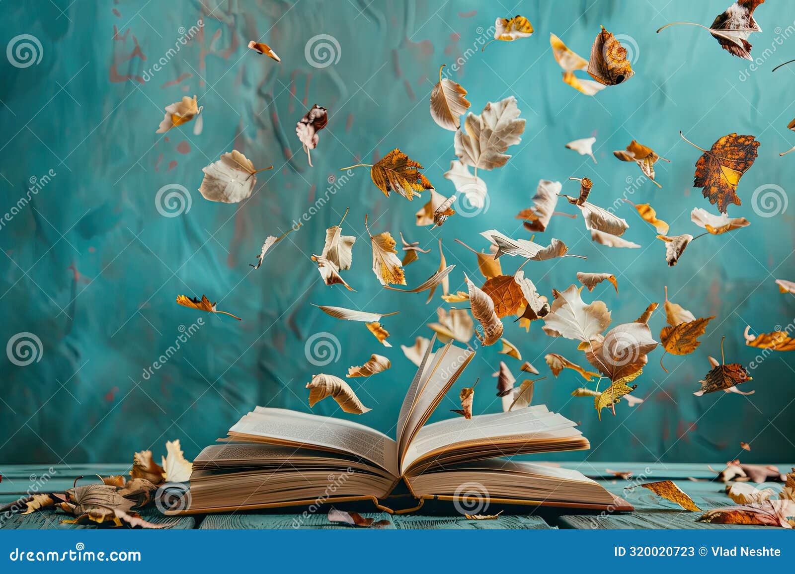 An Open Book on a Blue Background, with Fall Leaves Flying Around it ...
