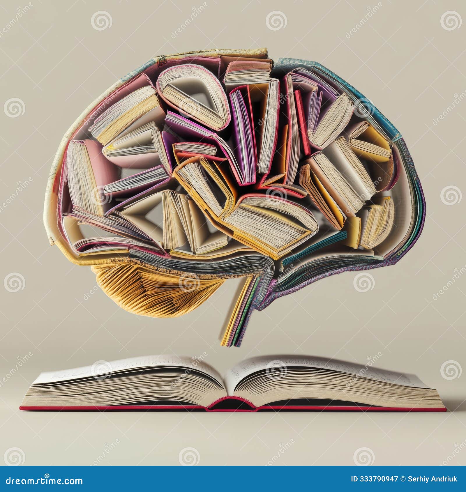 Open Book with a Brain Made of Colored Pencils on a Gray Background ...