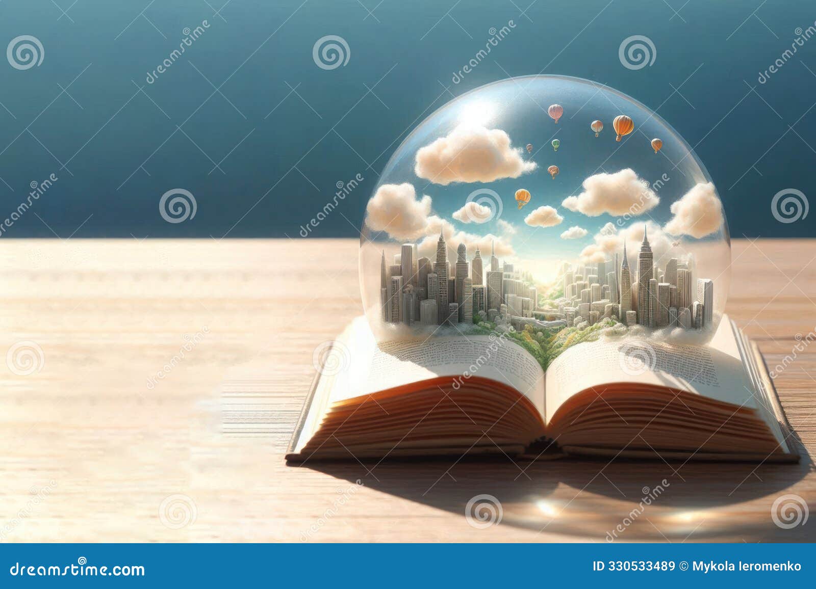 An Open Book with a Bubble Inside Which is a Large City. Space for Text ...