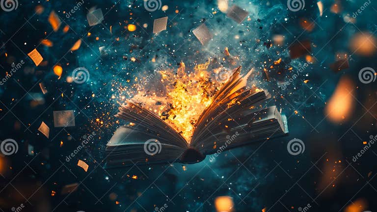 Open Book Bursting into Flames with Flying Pages Stock Image - Image of ...