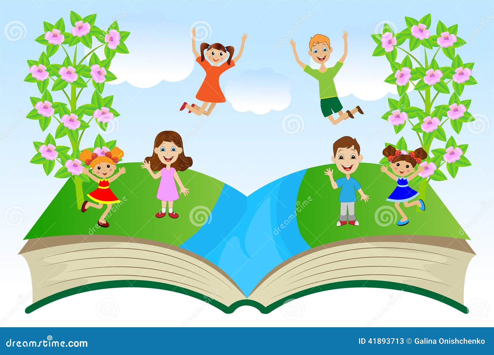 Open Book with Children and Summer Landscape Stock Vector ...