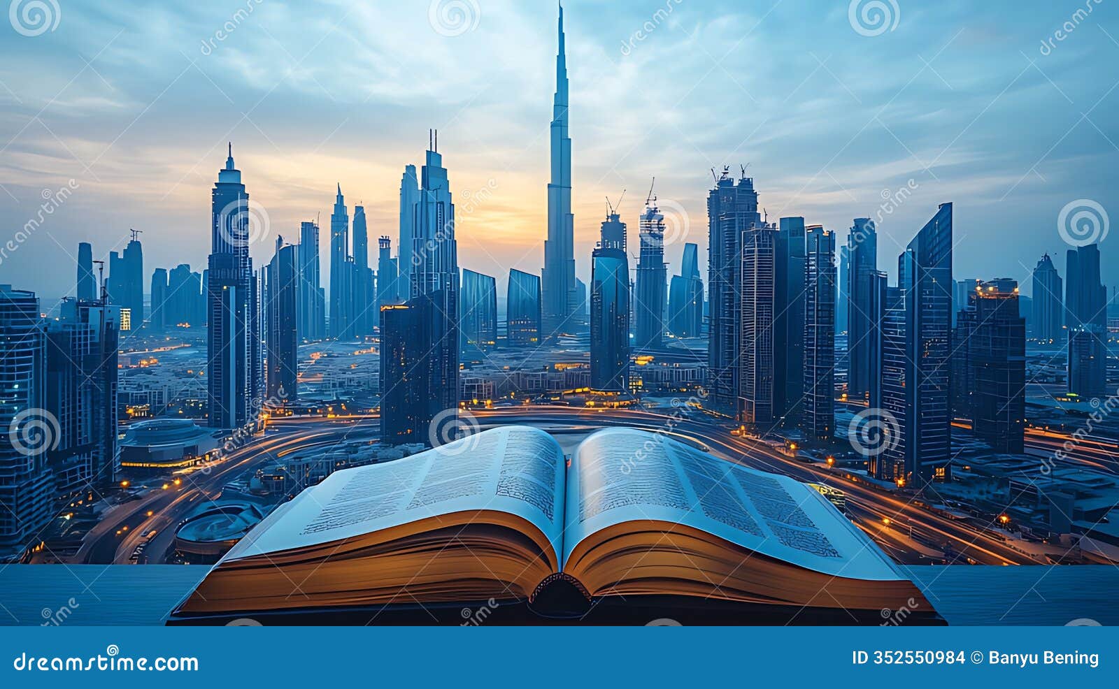 An Open Book with a City Skyline in the Background Stock Illustration ...