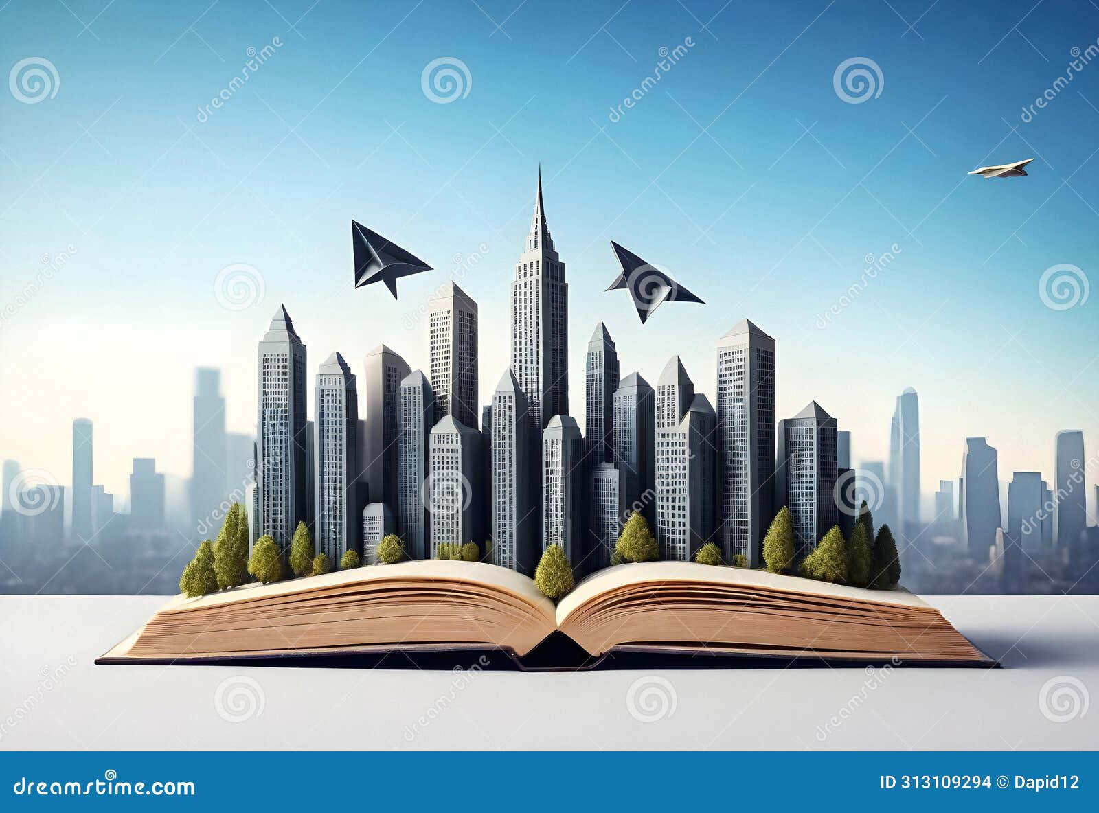 Open Book with Cityscape and Paper Planes on it Stock Illustration ...