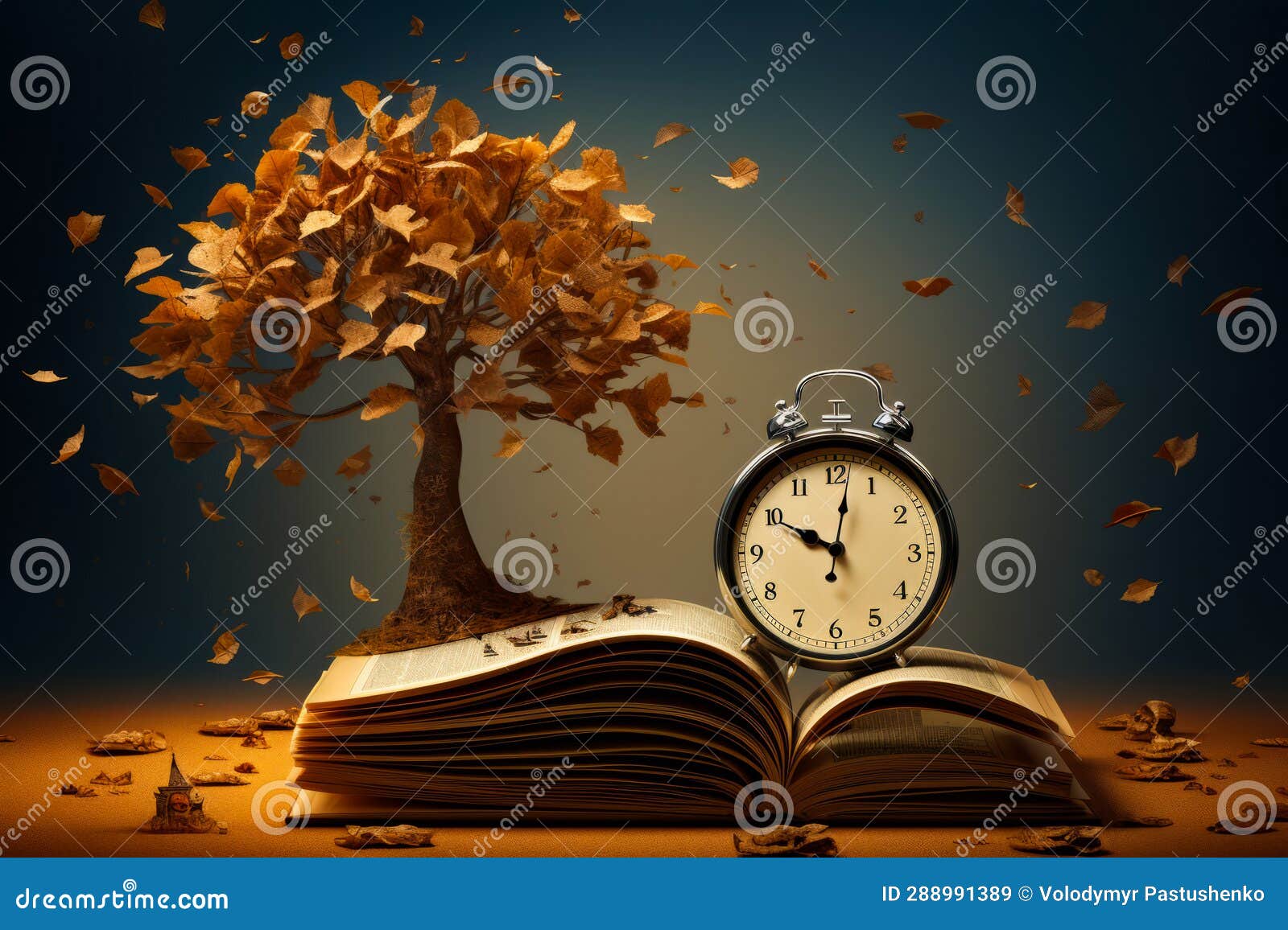 Open Book with Clock on Top of it and Falling Leaves. Generative AI ...