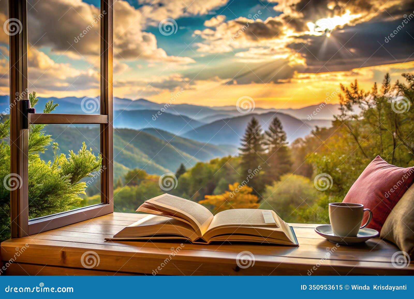 Open Book, Coffee Cup, Scenic Mountain Sunset View from Window Stock ...