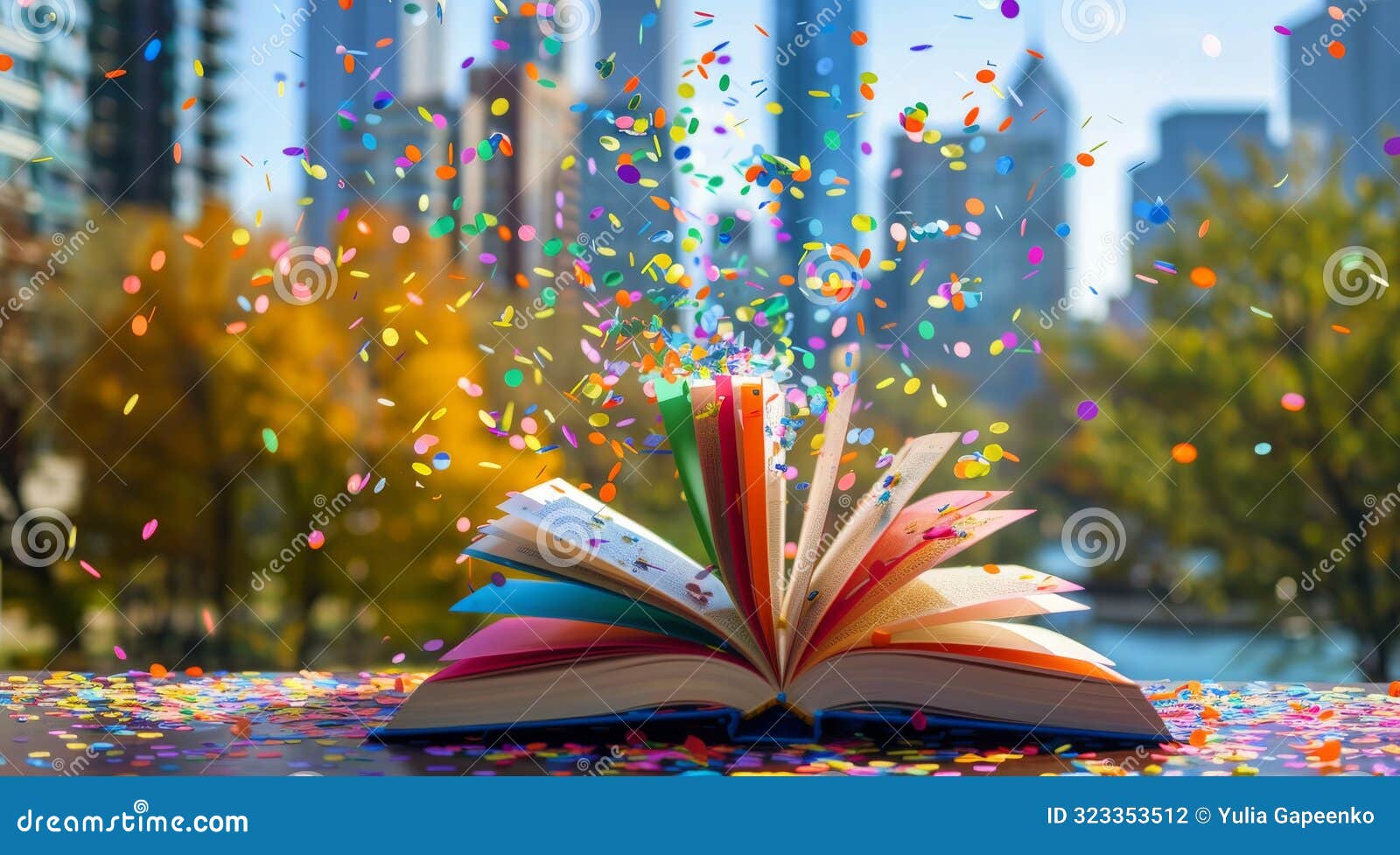 Open Book with Colorful Confetti Falling in Front of a City Skyline ...