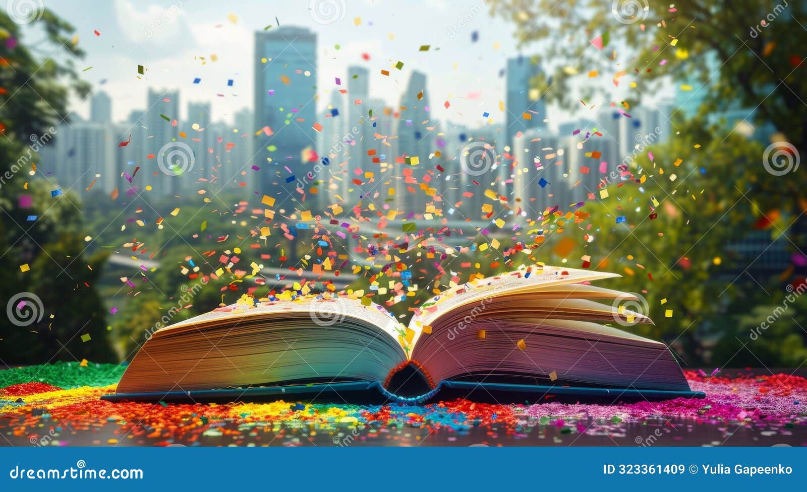 Open Book with Colorful Confetti Falling in Front of a City Skyline ...