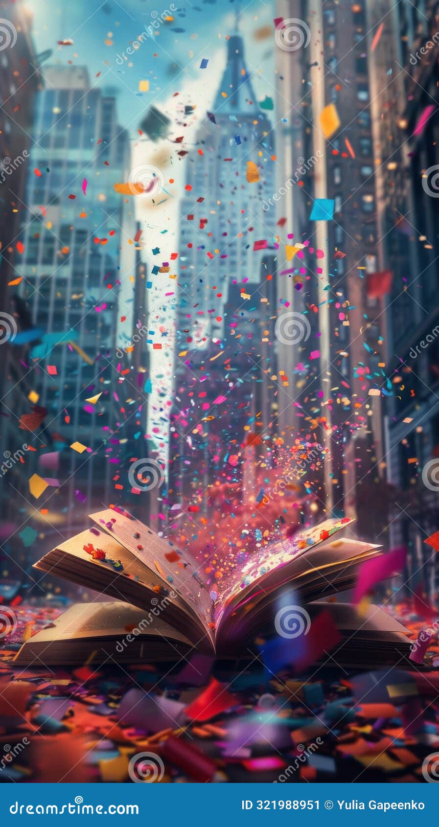 Open Book with Colorful Confetti Falling in Front of Cityscape Stock ...
