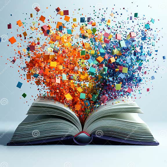 Open Book with Colorful 3D Shapes Exploding - 3D Illustration Stock ...
