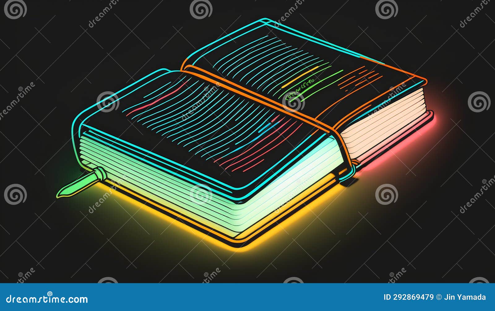 Open Book with Colorful Neon Lights on a Black Background. 3d Rendering ...