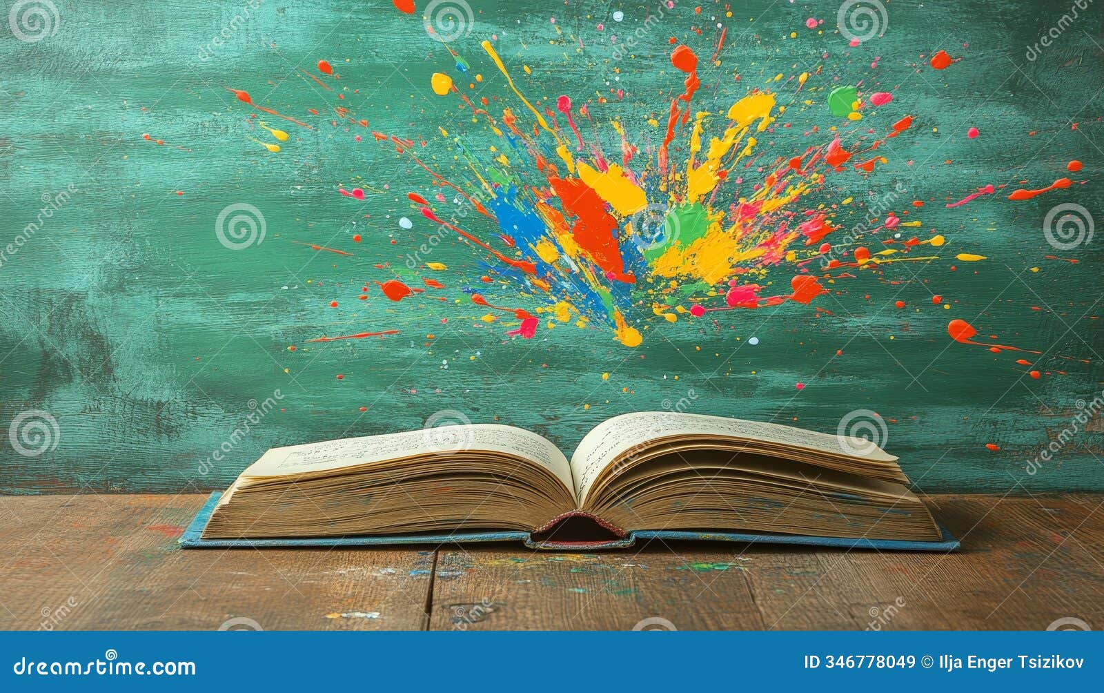 Open Book with Colorful Paint Splashes Exploding from Pages on a Green ...