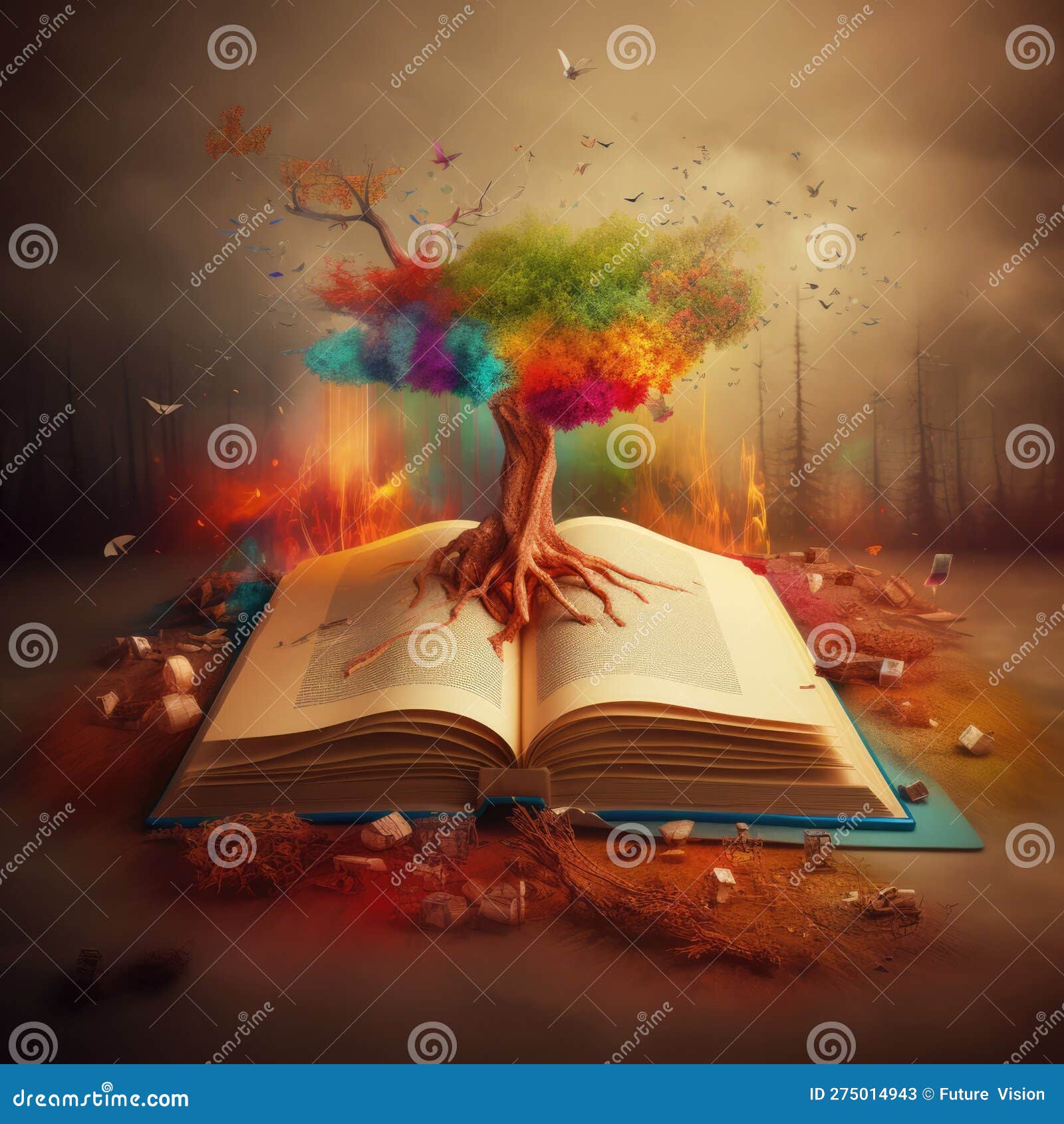 Open Book with Colourful Tree Over Dried Forest, Created Using ...