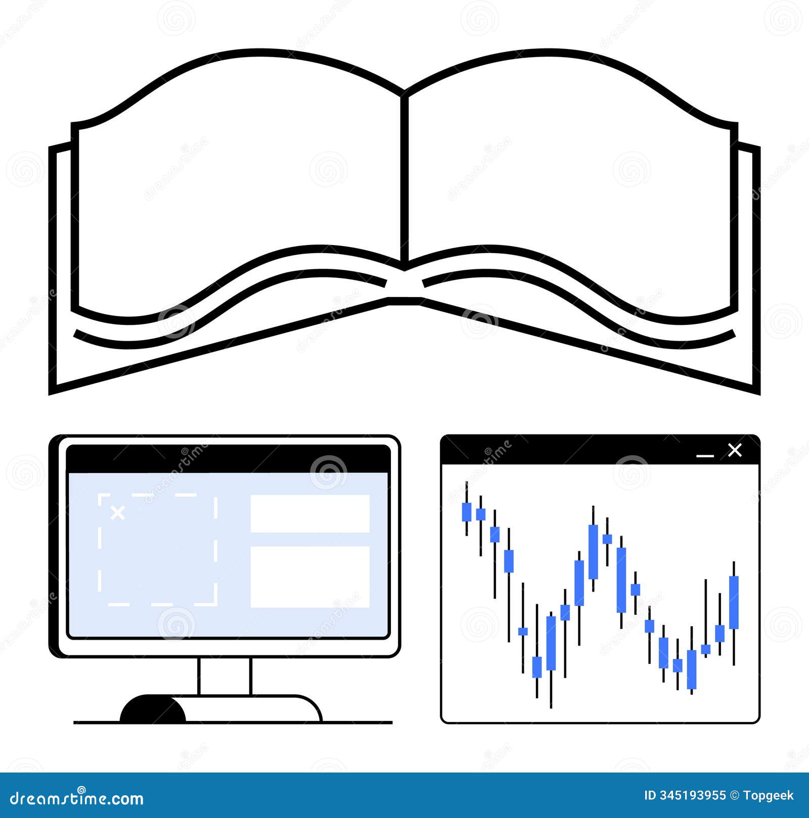 Open Book, Computer Screen With Graph, And Analytics Chart Representing ...