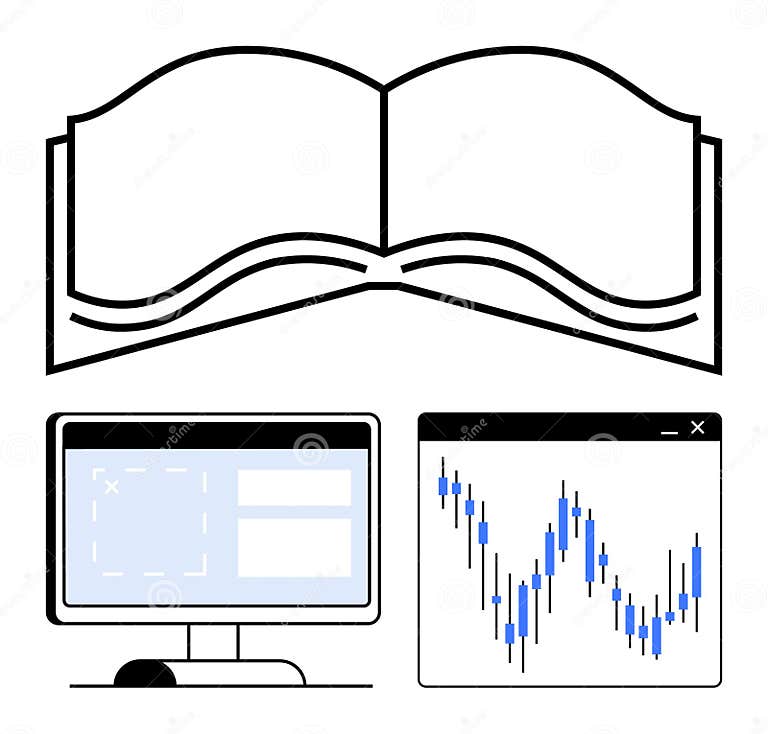 Open Book, Computer Screen with Graph, and Analytics Chart Representing Knowledge and Data ...