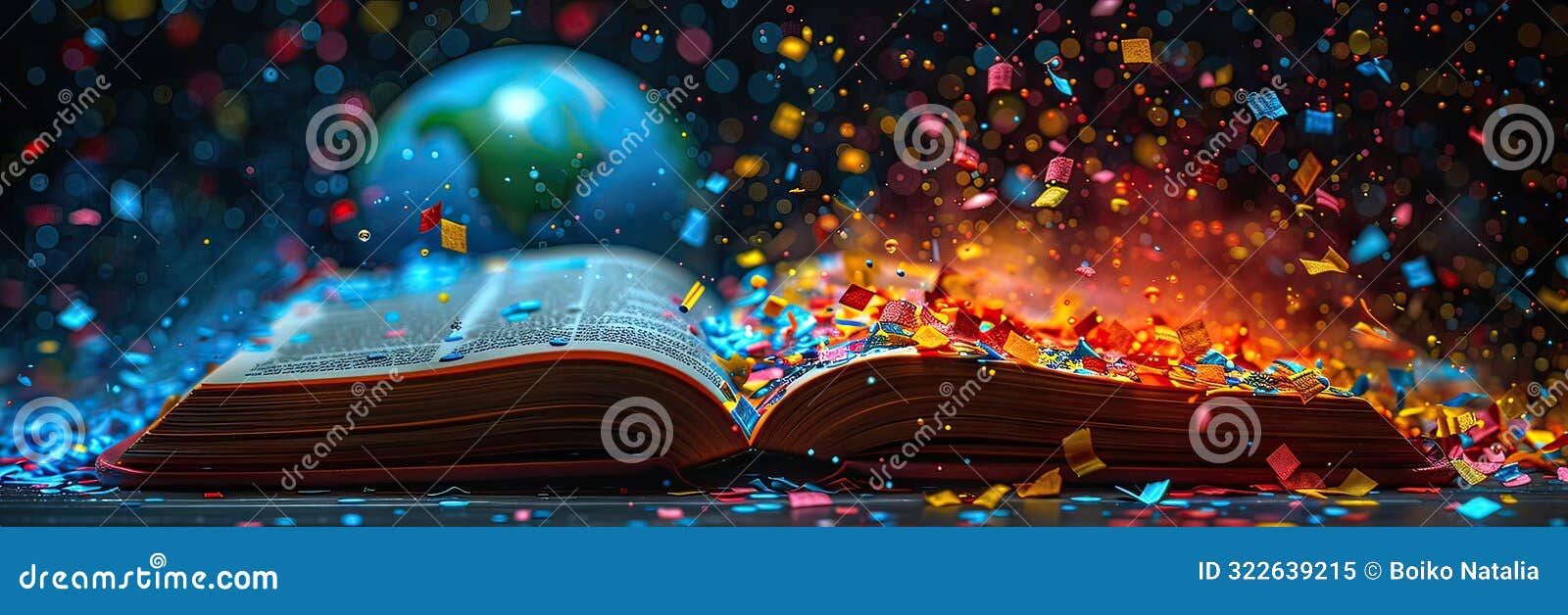 Open Book with Confetti and Globe in the Background Stock Image - Image ...
