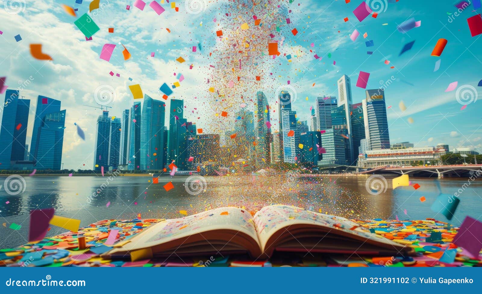 Open Book with Confetti Over Singapore Skyline Stock Photo - Image of ...