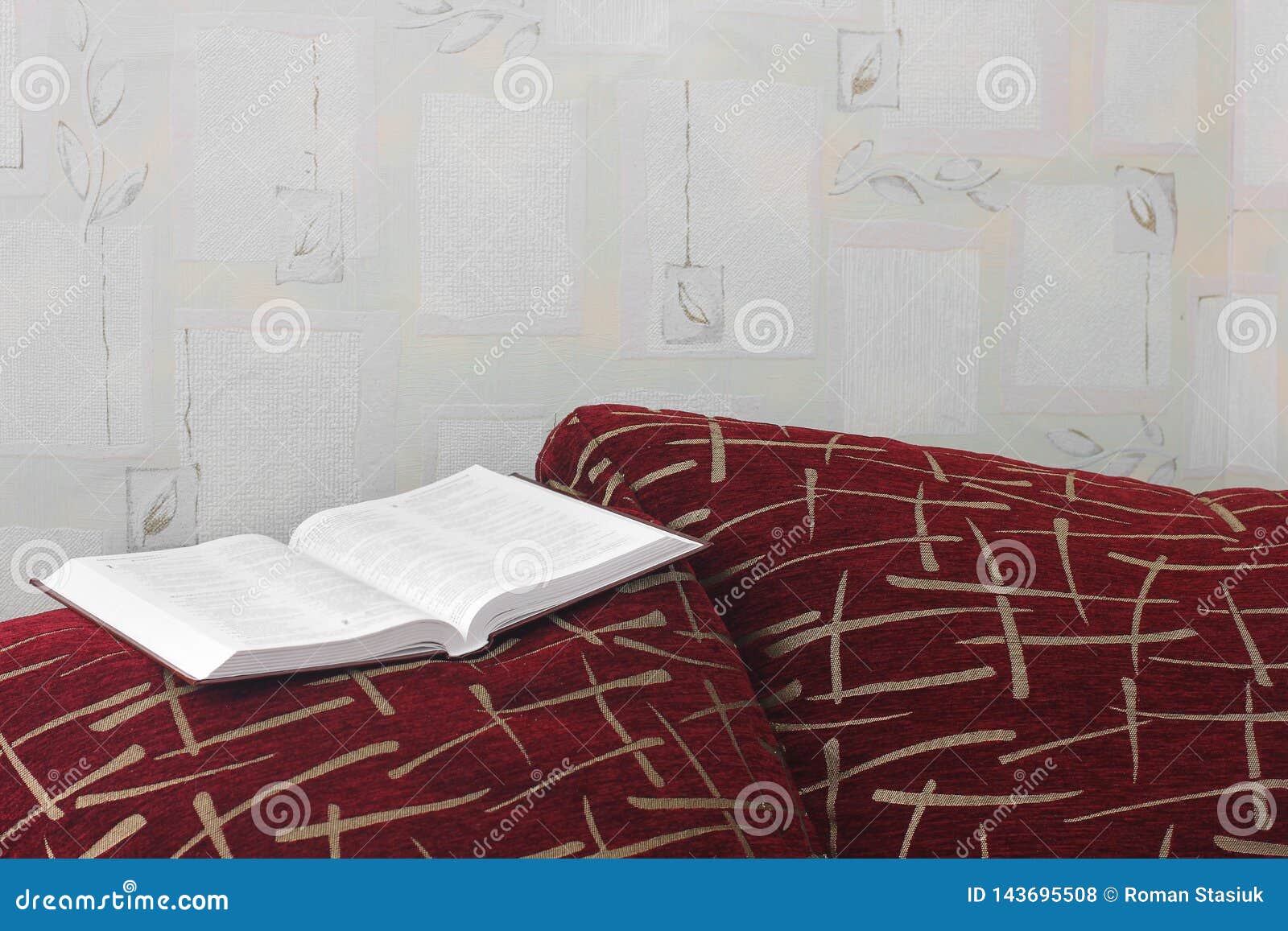 Open book on the couch stock photo. Image of interior - 143695508