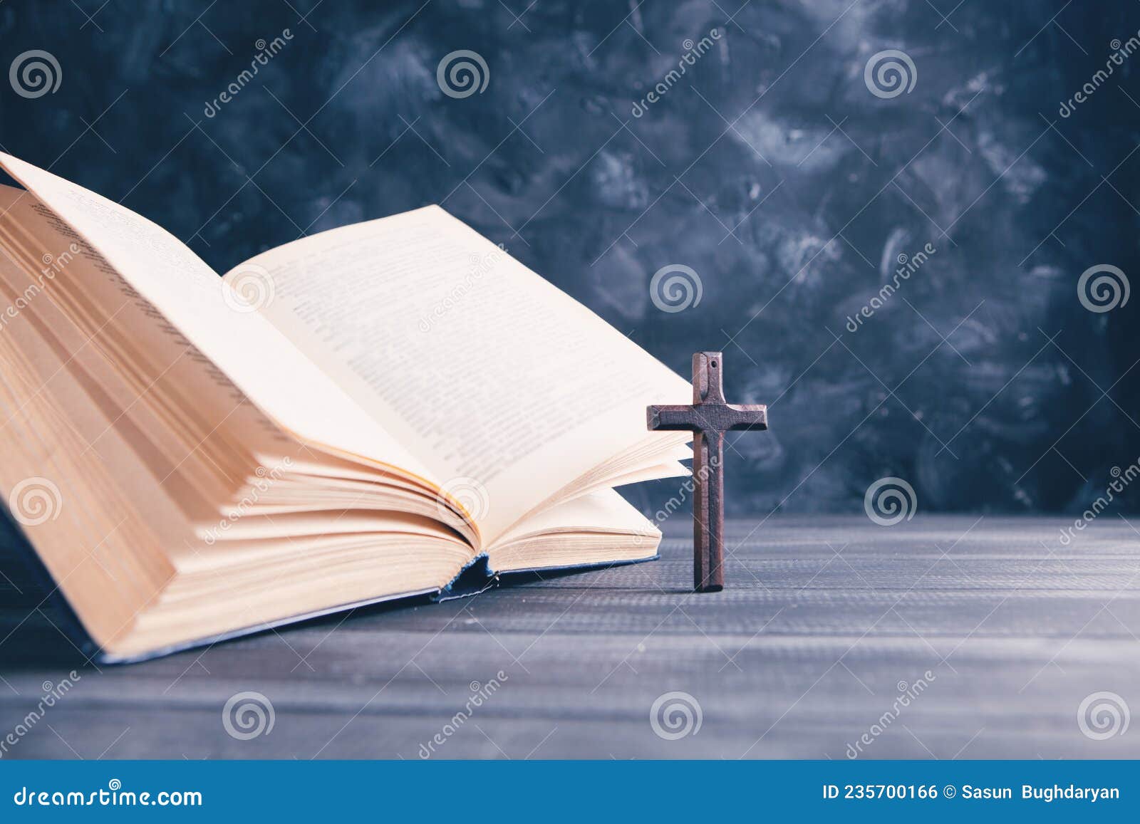 Open Book and Cross on the Table Stock Photo - Image of open, bible ...