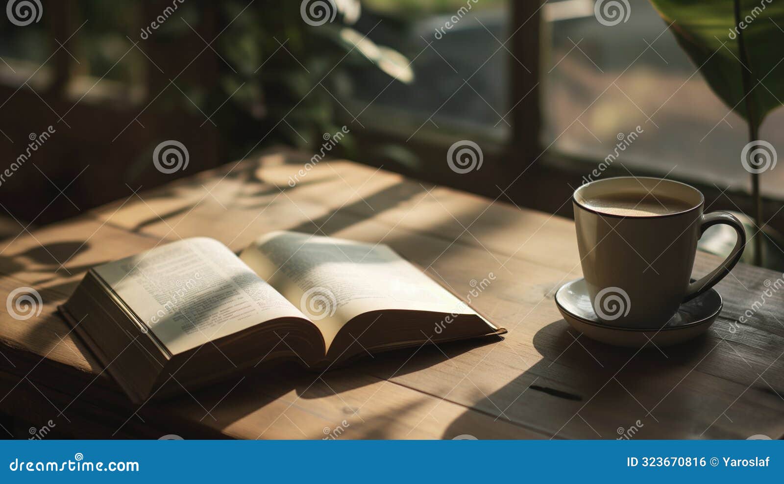 Open Book and Cup of Coffee on Wooden Table by Window. Soft Sunlight ...