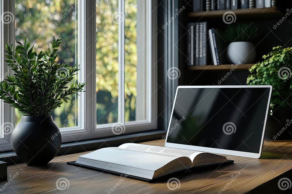 Open Book on a Desk with Computer Screen and Plants in Background Stock ...