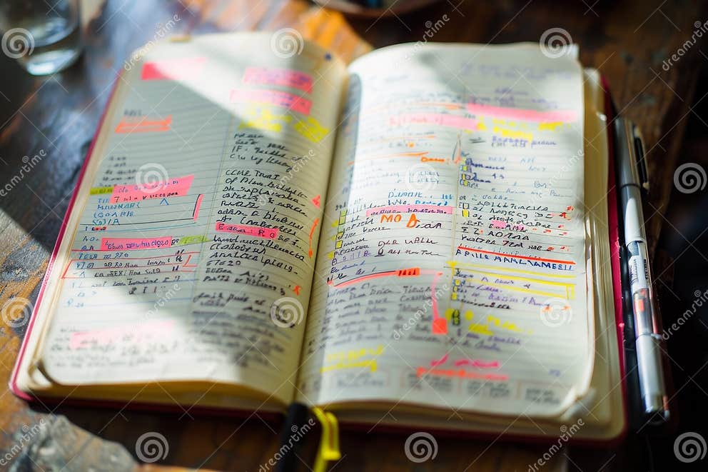 An Open Book Displaying Highlighted Notes and Text Sits on a Table, an ...