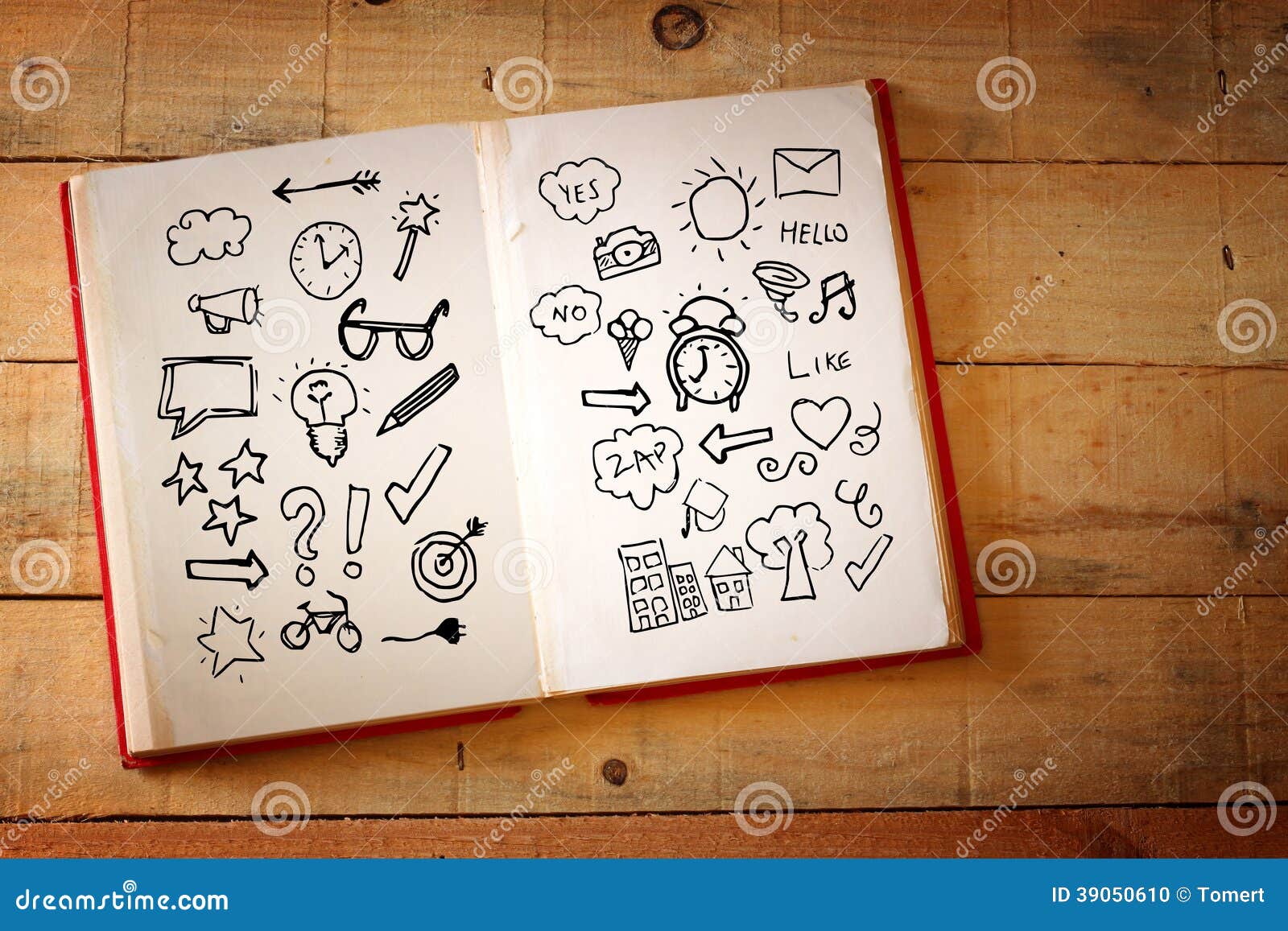Open Book with Doodles Over Wooden Table Stock Photo - Image of ...