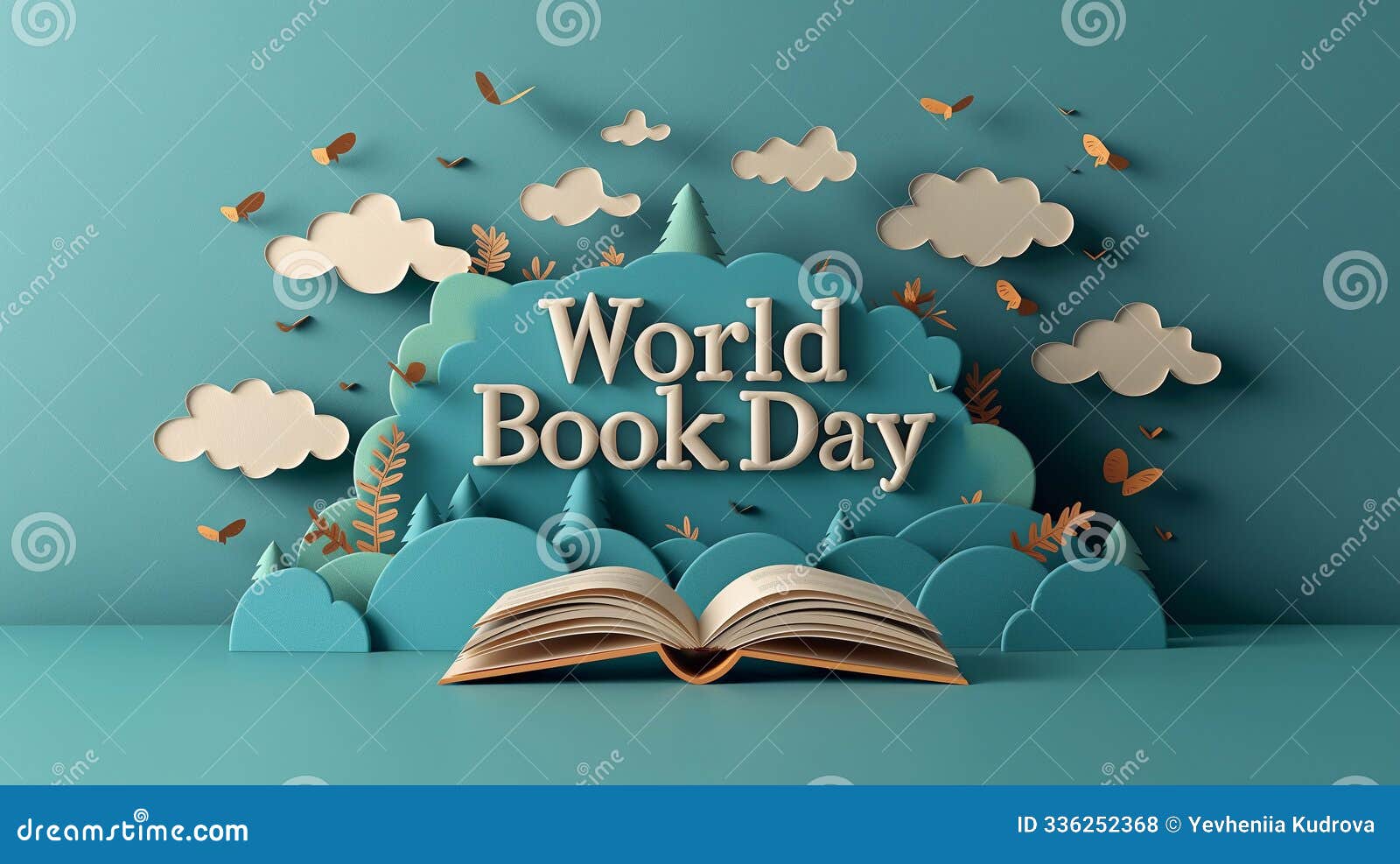Open Book with Elements, Trees, Clouds and Inscription World Book Day ...