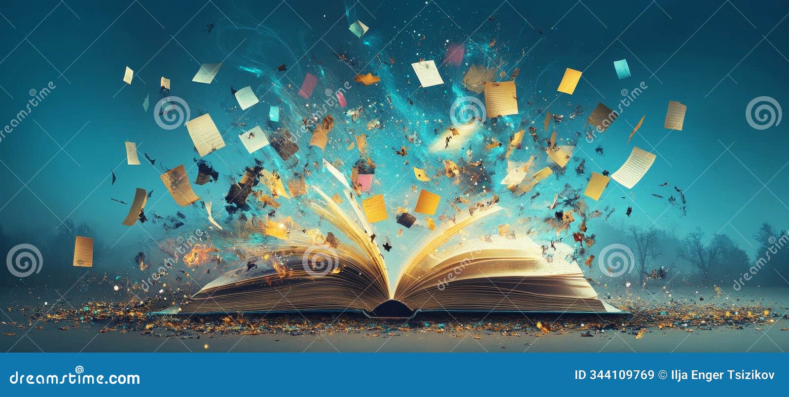 Open Book with Exploding Pages Turning into Flying Paper Notes, Magic ...