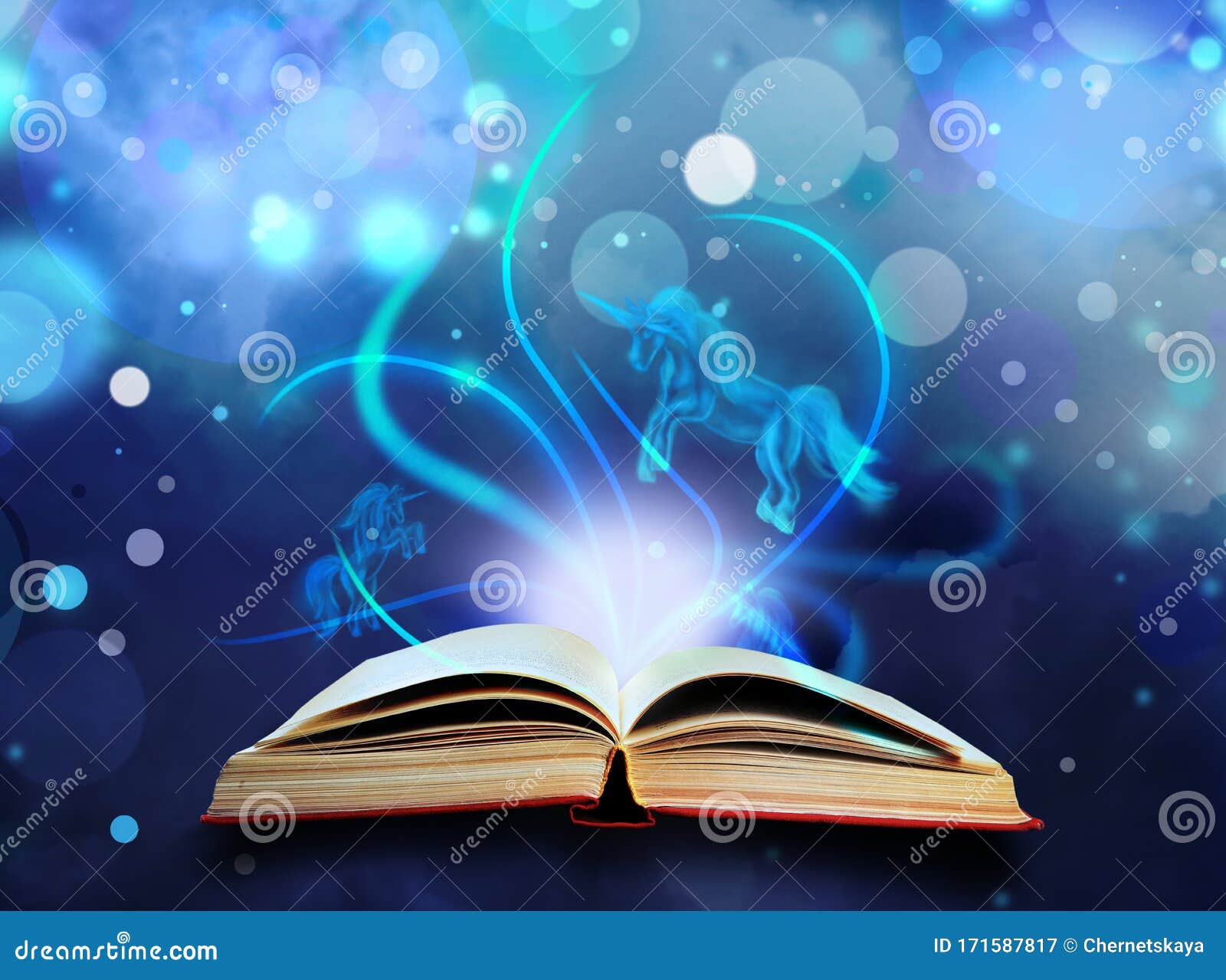 Open Book with Fairytales and Magic Lights on Background. Creative ...
