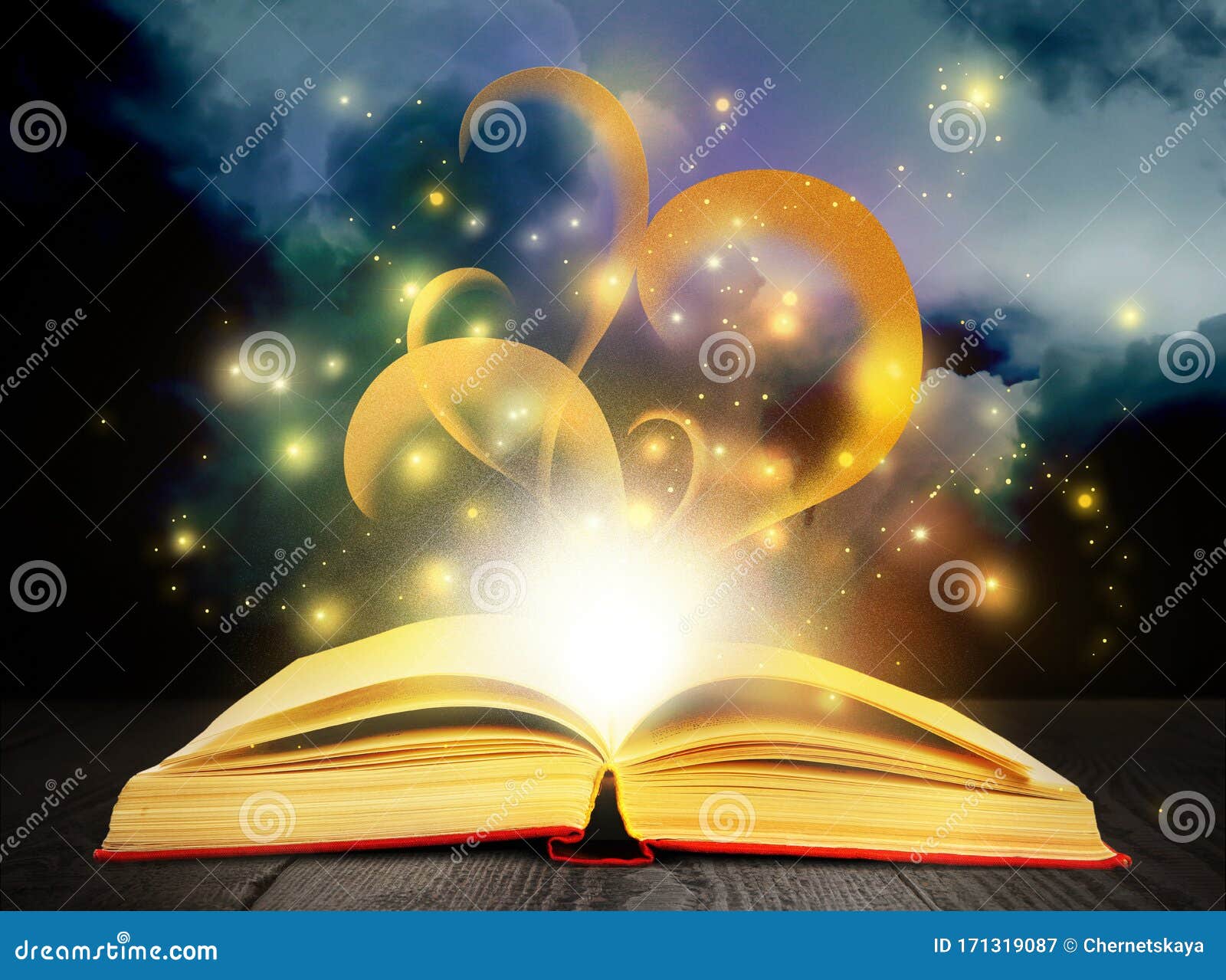 Open Book with Fairytales and Magic Lights on Table. Creative Design ...