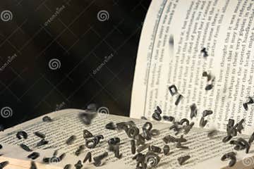 Open Book with Falling Black Letters Stock Image - Image of book ...