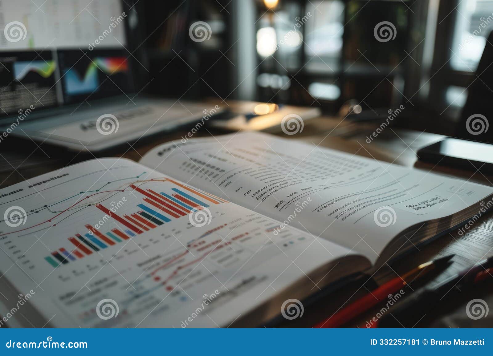Open Book with Financial Charts and Graphs on a Desk with Laptop in ...
