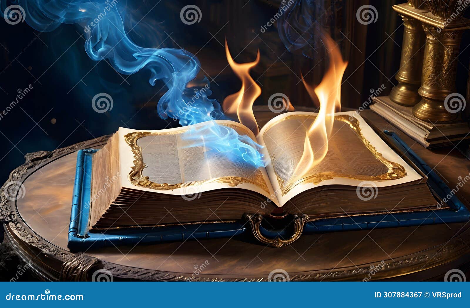 An Open Book with Flames Coming Out of it is on a Table Stock Image ...