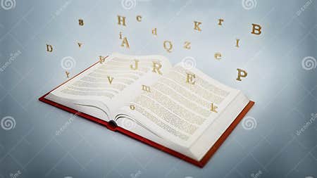 Open Book with Floating Letters. 3D Illustration Stock Illustration ...