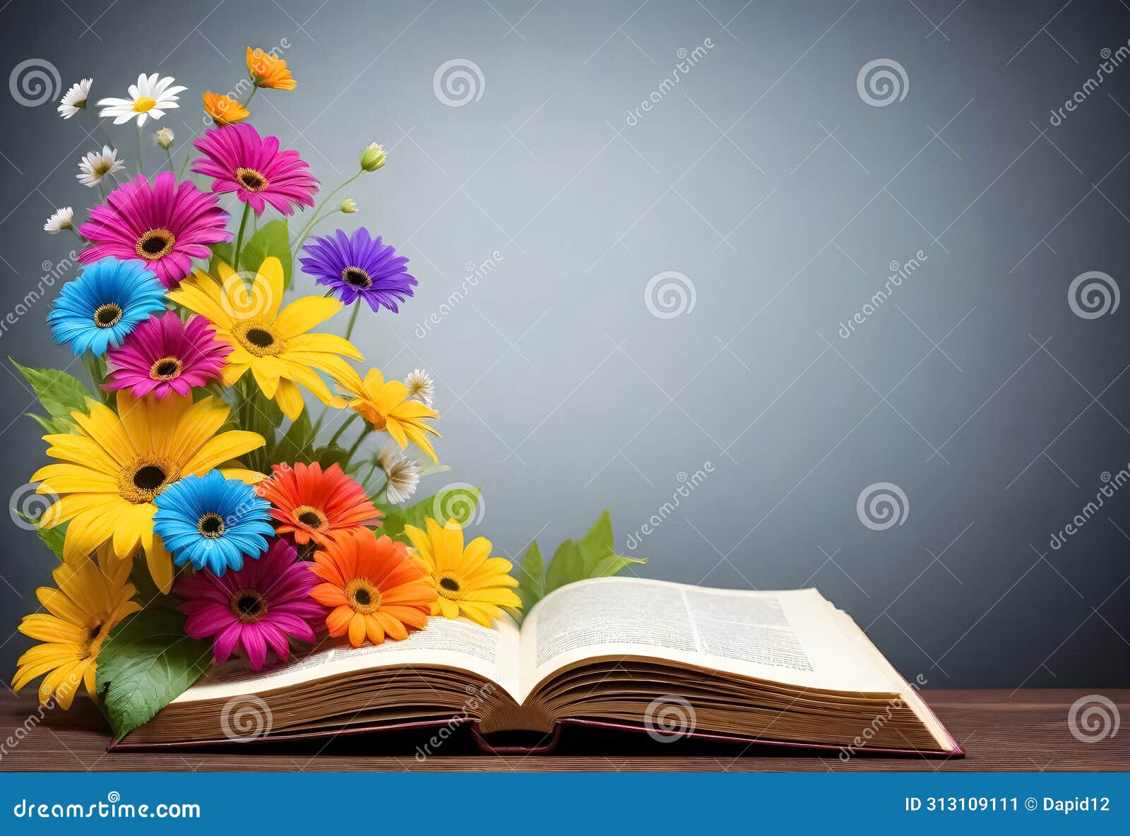 An Open Book with Flowers on a Wooden Table Stock Illustration ...