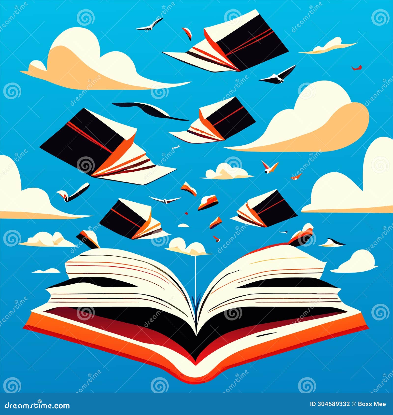 Open Book with Flying Books and Clouds in the Sky. Vector Illustration ...