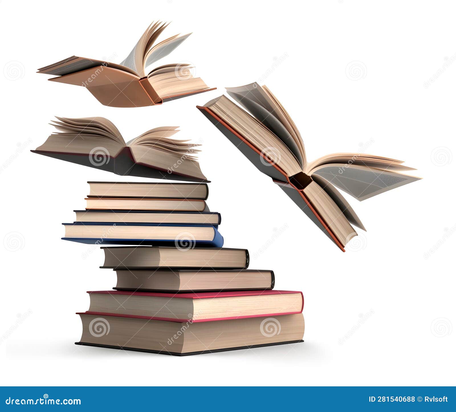 Open Book with Flying Books on White Background, Flying Knowledge ...