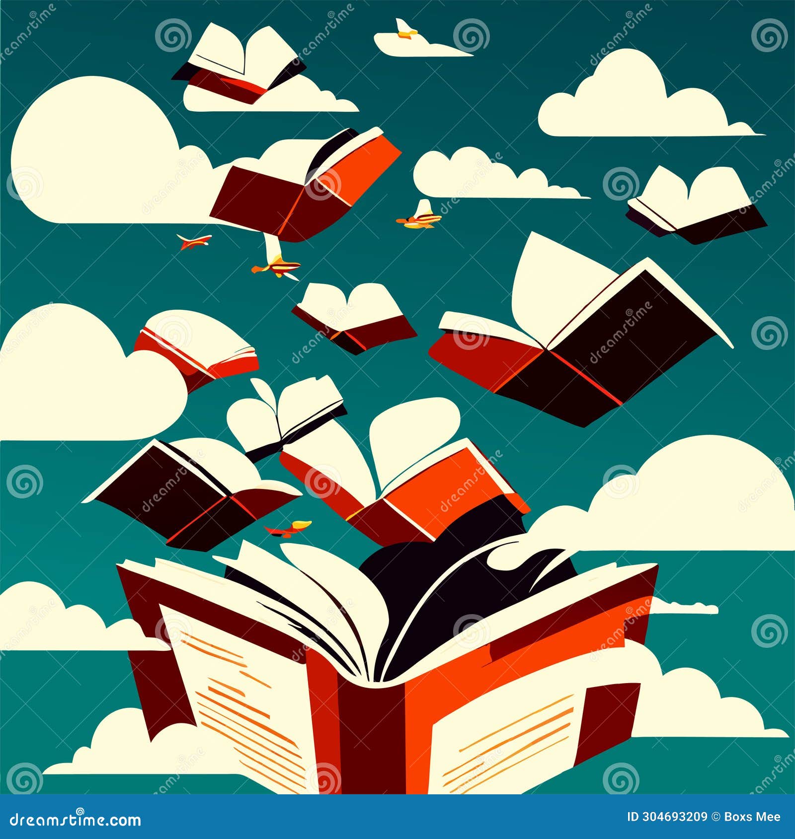 Open Book with Flying Clouds in the Sky. Vector Cartoon Illustration ...