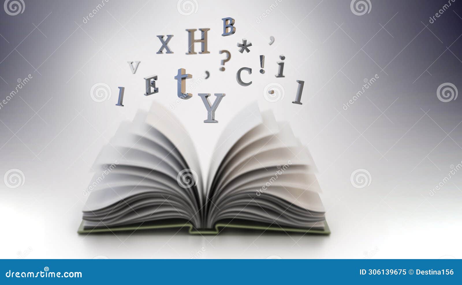 Open Book with Flying Letters in the Air. 3D Illustration Stock ...