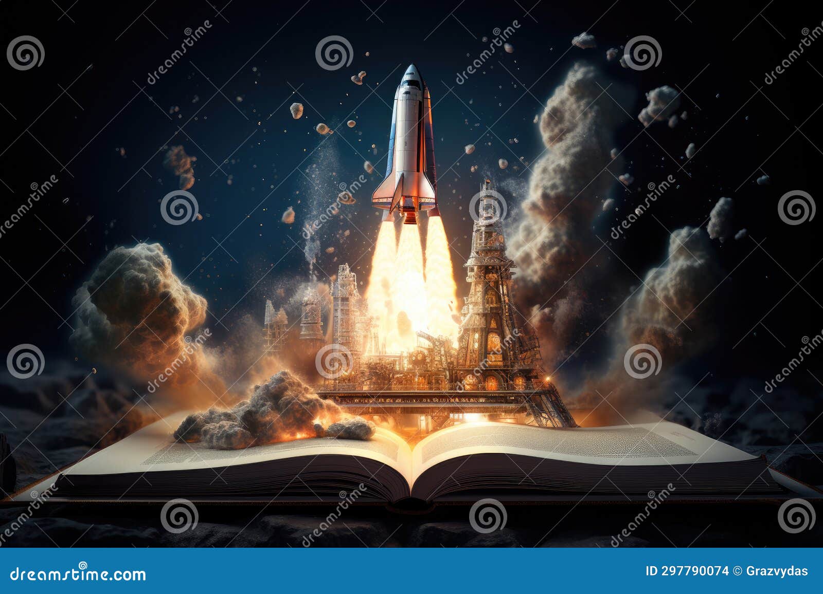 Open Book and Flying Rocket. Elearning Idea Book and Rocket Concept of ...
