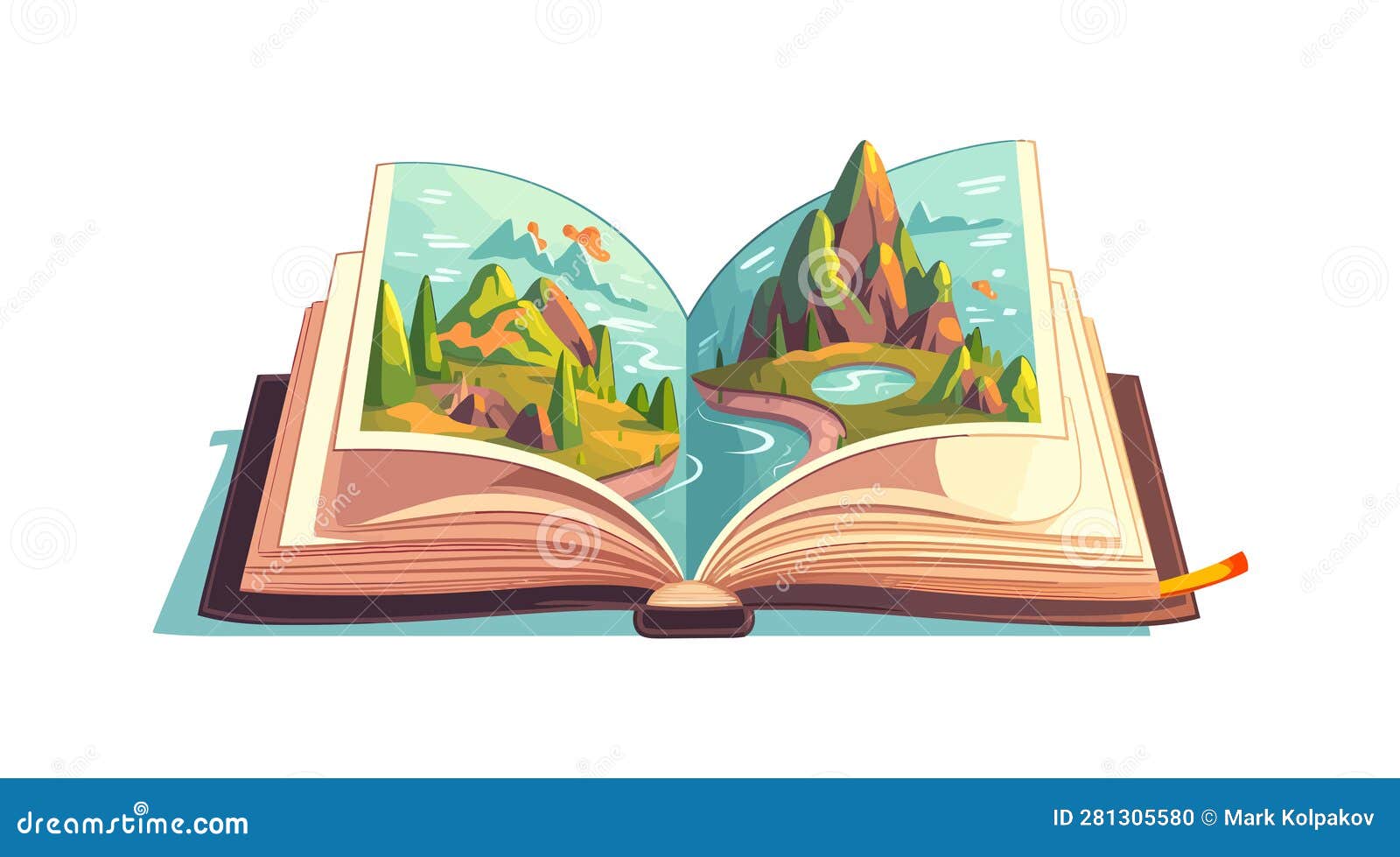 Open Book with Forest and Mountains, Flat Cartoon Isolated on White ...