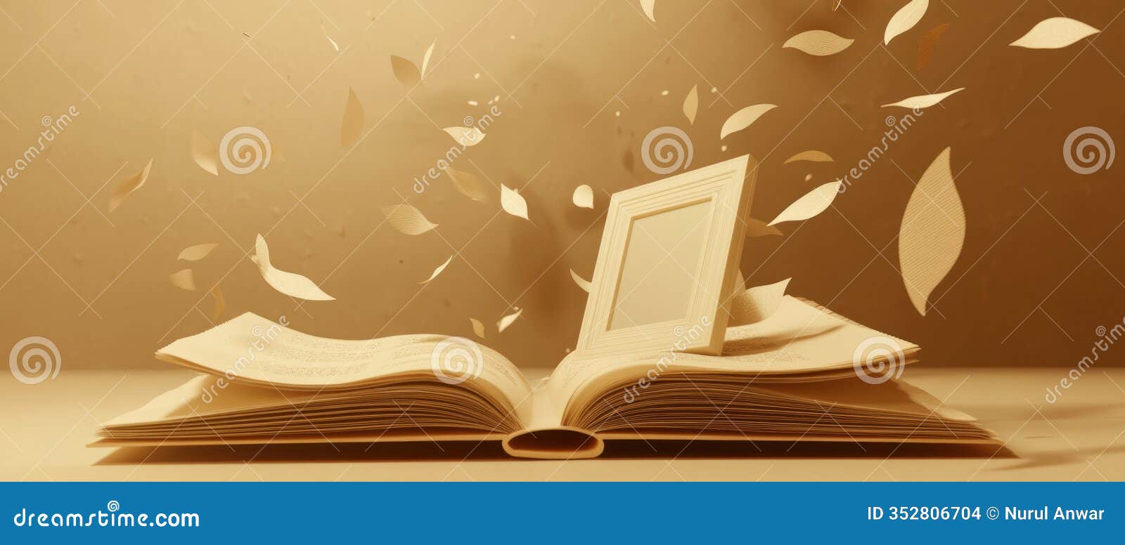 A LARGE OPEN BOOK with a FRAME, SURROUNDED by FALLEN LEAVES, on a ...