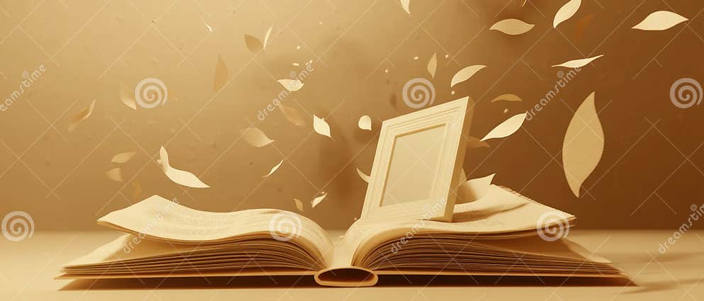 A LARGE OPEN BOOK with a FRAME, SURROUNDED by FALLEN LEAVES, on a ...