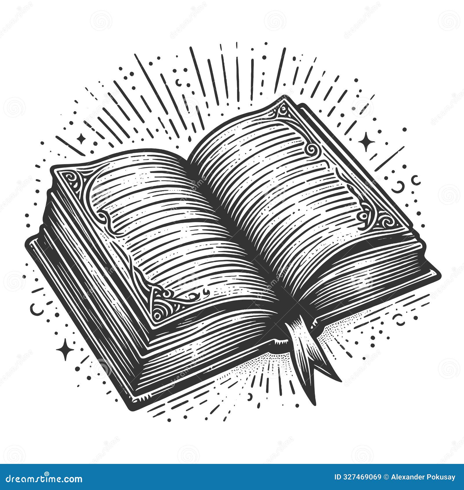 Magical Open Book Engraving Raster Illustration Stock Illustration ...