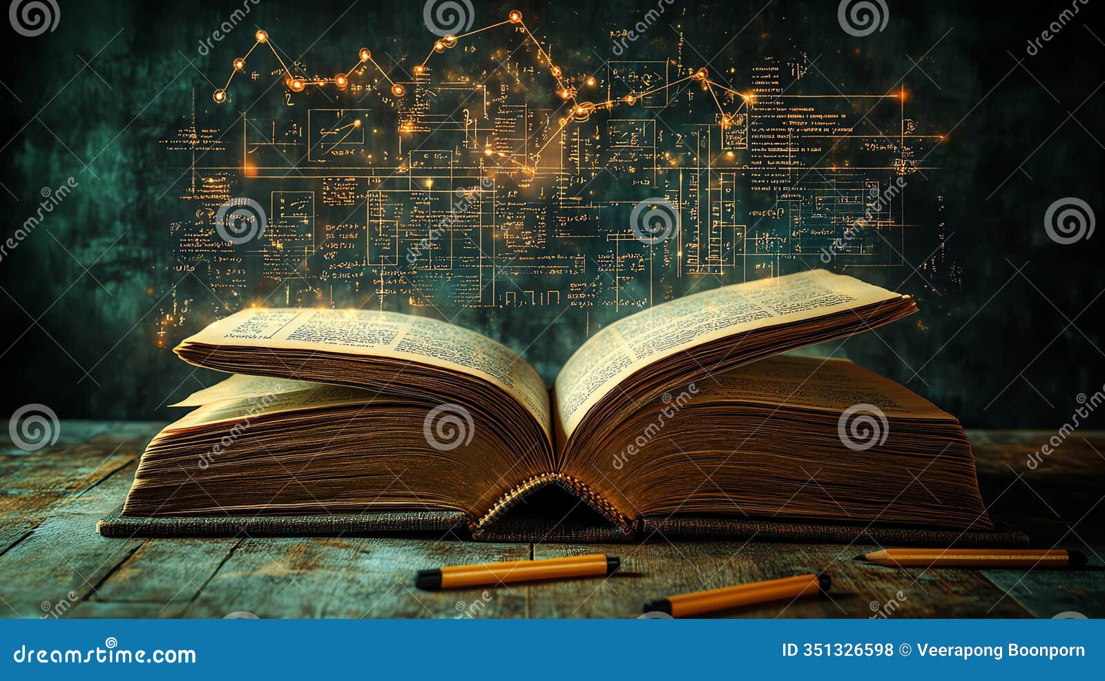 An Open Book with Glowing Data Visualization Elements on a Rustic ...