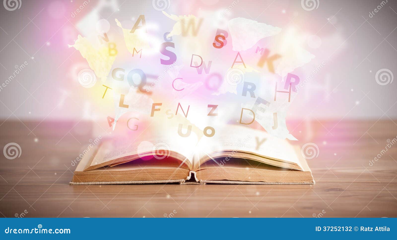 Open Book with Glowing Letters on Concrete Background Stock Photo ...