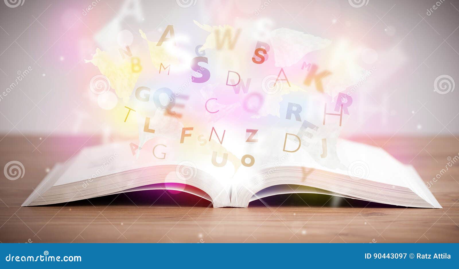 Open Book with Glowing Letters on Concrete Background Stock Image ...