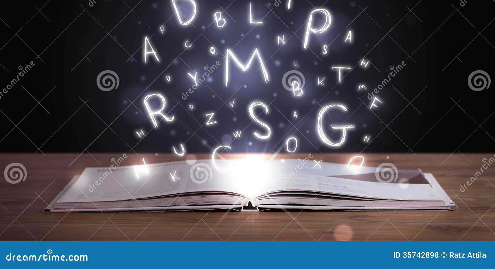 Open Book with Glowing Letters Flying Out Stock Photo - Image of ...