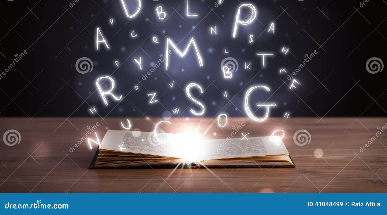 Open Book with Glowing Letters Flying Out Stock Illustration ...