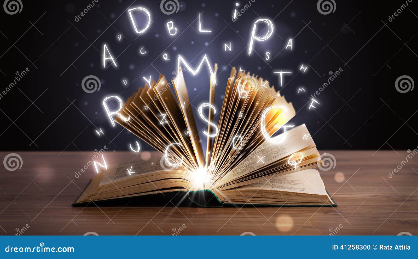 Open Book with Glowing Letters Flying Out Stock Photo - Image of light ...